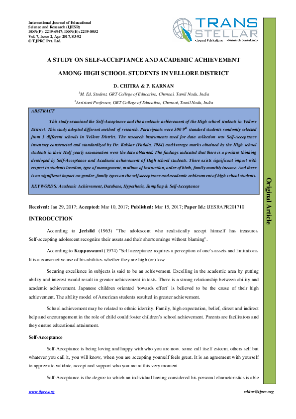 (PDF) A STUDY ON SELF-ACCEPTANCE AND ACADEMIC ACHIEVEMENT AMONG HIGH SCHOOL STUDENTS IN VELLORE ...