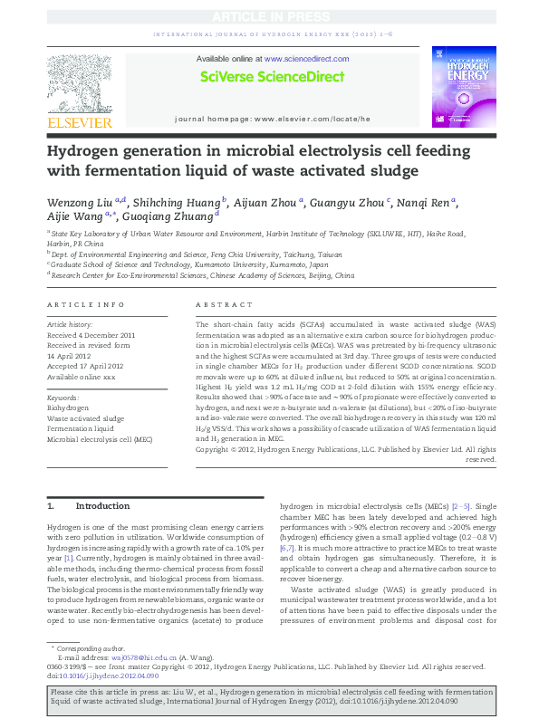 (PDF) Hydrogen generation in microbial electrolysis cell feeding with ...