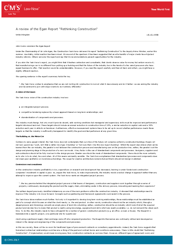 (PDF) A review of the Egan Report "Rethinking Construction"
