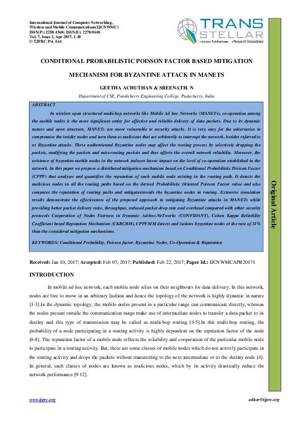 (PDF) CONDITIONAL PROBABILISTIC POISSON FACTOR BASED MITIGATION MECHANISM FOR BYZANTINE ATTACK ...
