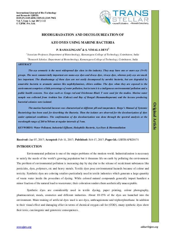 (PDF) BIODEGRADATION AND DECOLOURIZATION OF AZO DYES USING MARINE BACTERIA