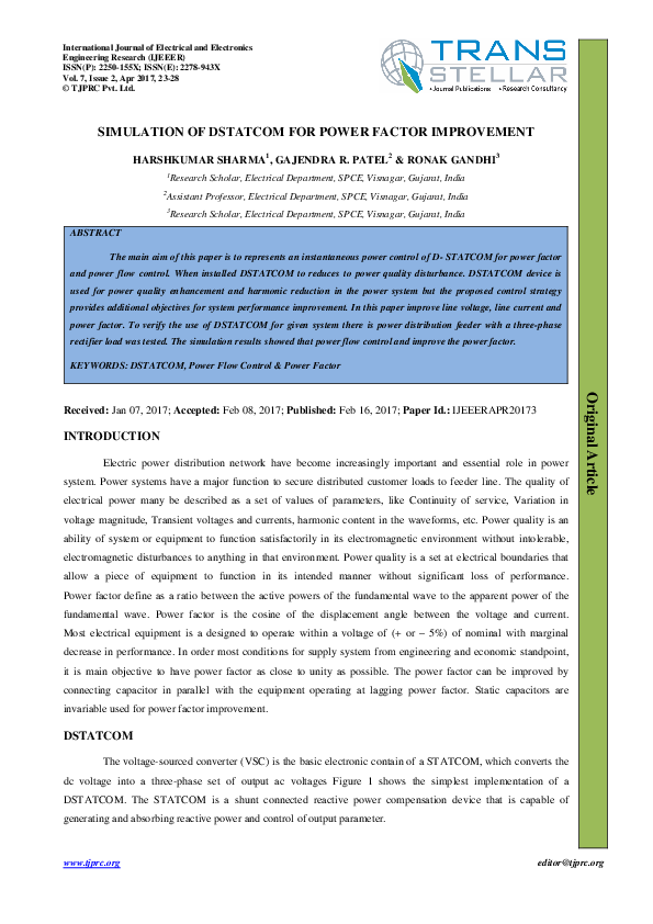 Pdf Simulation Of Dstatcom For Power Factor Improvement