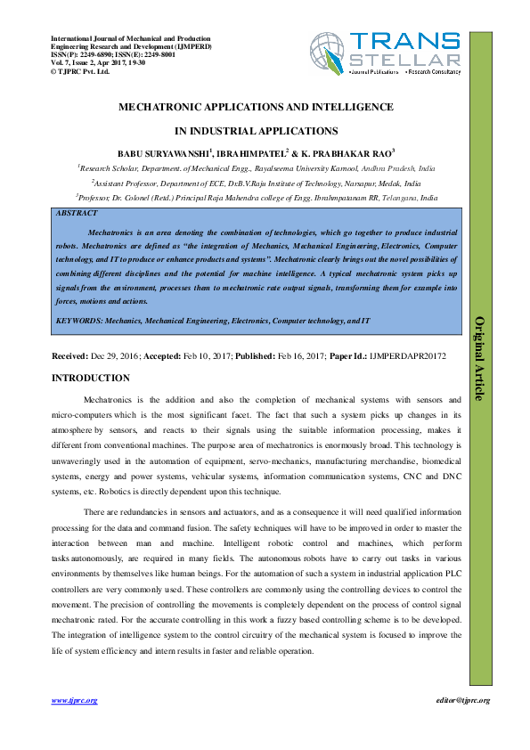 (PDF) MECHATRONIC APPLICATIONS AND INTELLIGENCE IN INDUSTRIAL APPLICATIONS