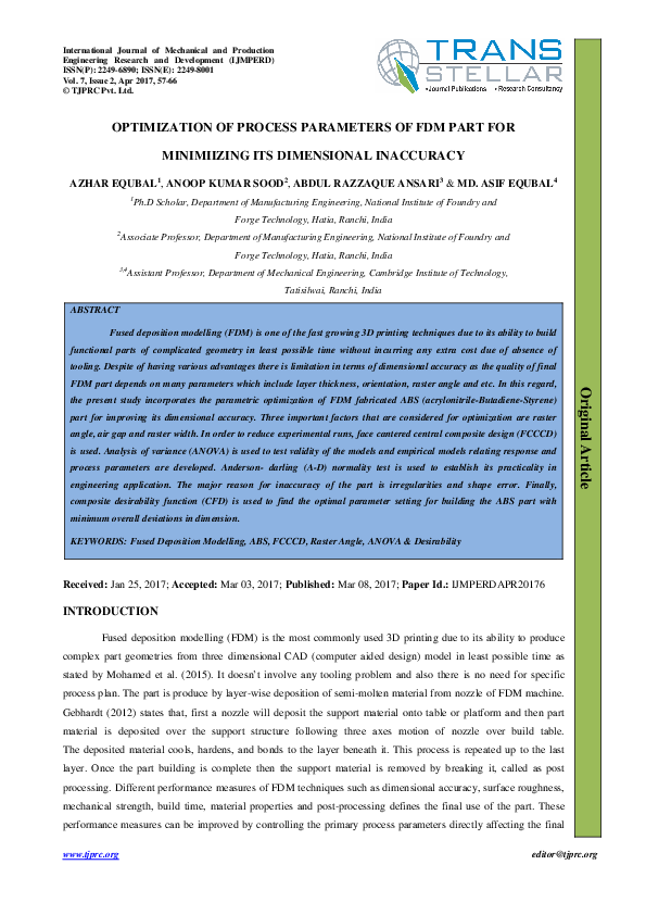 Optimization Of Process Parameters Of Fdm Part For Minimiizing Its Dimensional Inaccuracy