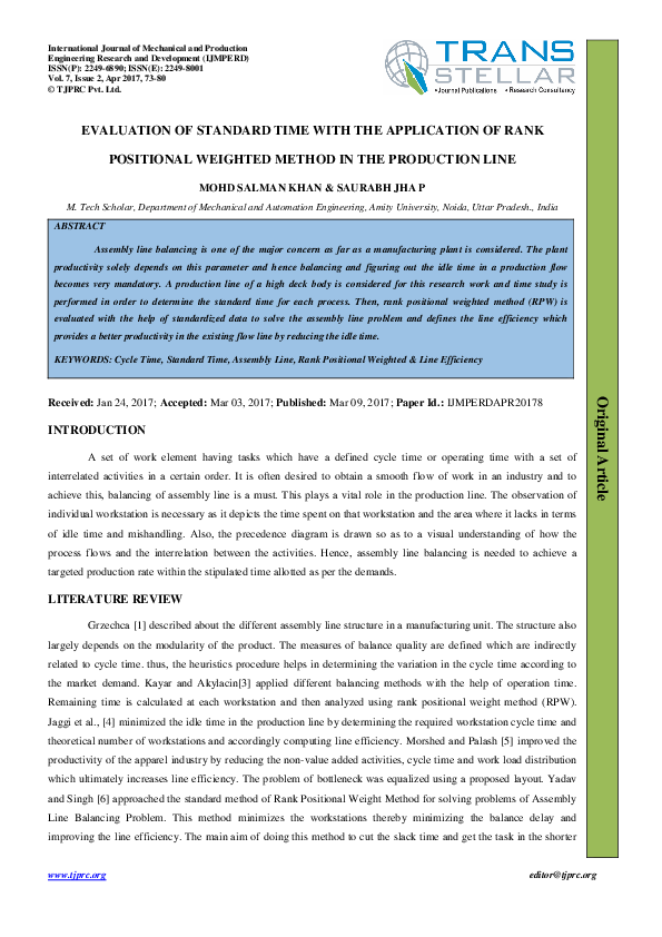 (PDF) EVALUATION OF STANDARD TIME WITH THE APPLICATION OF RANK ...