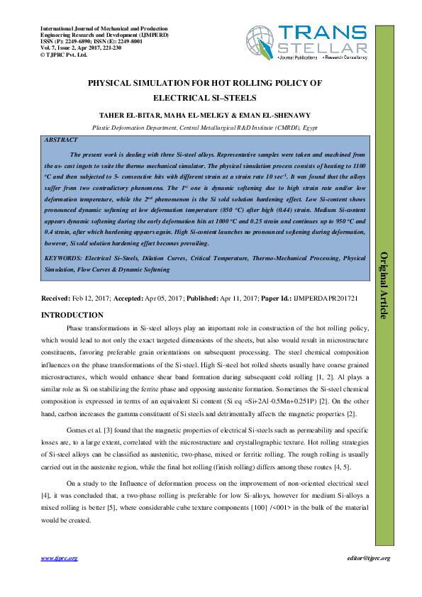 (PDF) PHYSICAL SIMULATION FOR HOT ROLLING POLICY OF ELECTRICAL SI ...