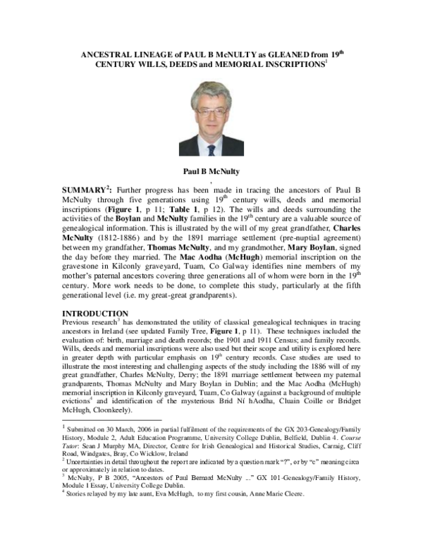 (PDF) ANCESTRAL LINEAGE of PAUL B McNULTY as GLEANED from 19th CENTURY ...