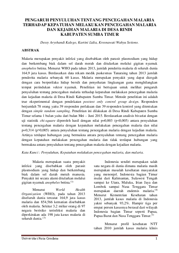(DOC) PENGARUH PENYULUHAN TENTANG PENCEGAHAN MALARIA TERHADAP KEPATUHAN ...