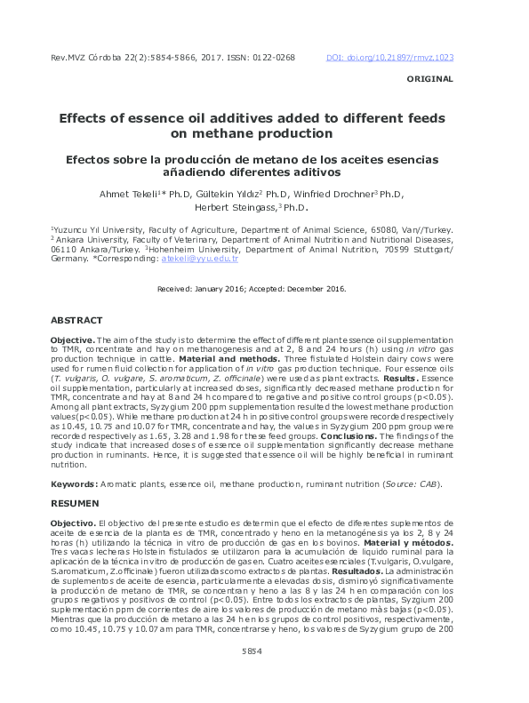 (PDF) Effects of essence oil additives added to different feeds on methane production