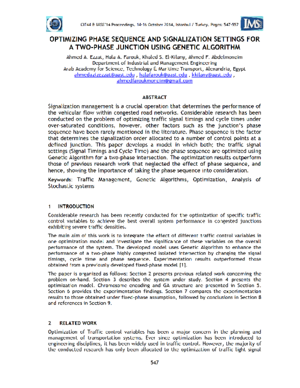 Pdf Optimizing Phase Sequence And Signalization Settings For A Two Phase Junction Using