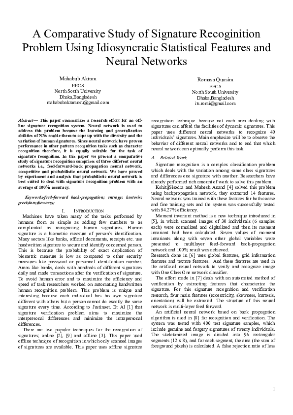 (PDF) A Comparative Study of Signature Recoginition Problem Using Idiosyncratic Statistical ...