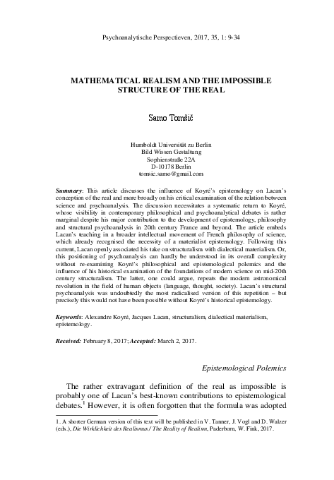 (PDF) Mathematical Realism and the Impossible Structure of the Real