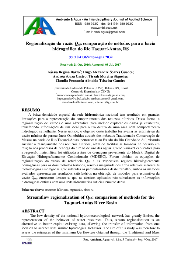 (PDF) Streamflow regionalization of Q 95 : comparison of methods for the Taquari-Antas River Basin