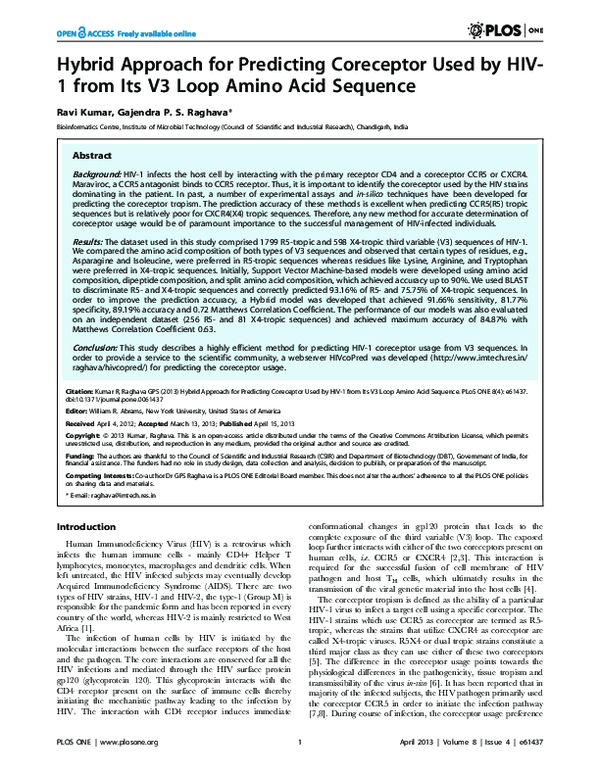 (PDF) Hybrid Approach for Predicting Coreceptor Used by HIV-1 from Its V3 Loop Amino Acid Sequence