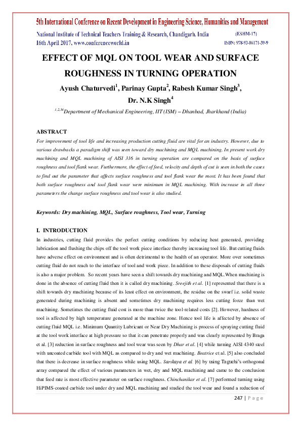 (PDF) EFFECT OF MQL ON TOOL WEAR AND SURFACE ROUGHNESS IN TURNING ...