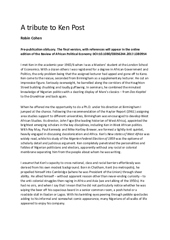 (PDF) A tribute to Ken Post