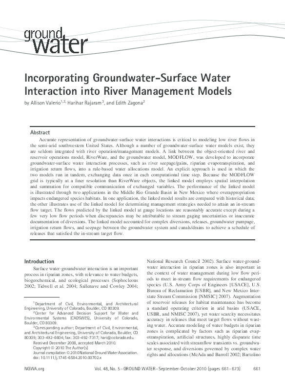 (PDF) Incorporating Groundwater-Surface Water Interaction into River Management Models
