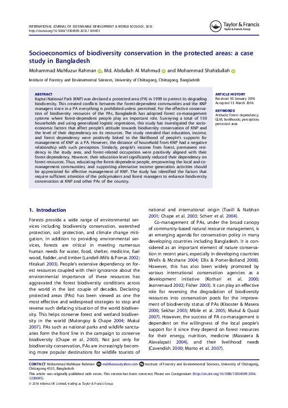 (PDF) Socioeconomics of biodiversity conservation in the protected ...