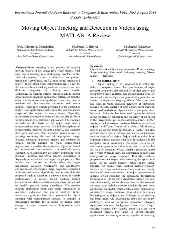 Pdf Moving Object Tracking And Detection In Videos Using Matlab A Review