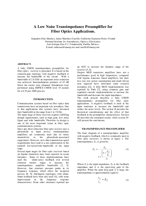 (PDF) A Low Noise Transimpedance Preamplifier for Fiber Optics Applications