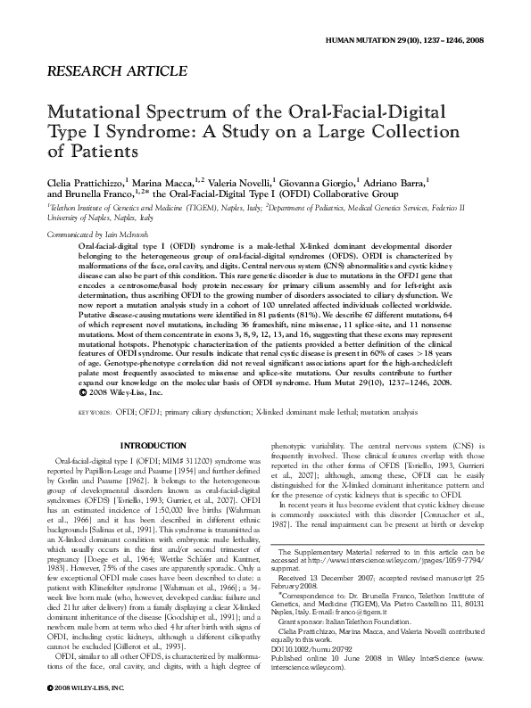 (PDF) Mutational spectrum of the oral-facial-digital type I syndrome: a ...