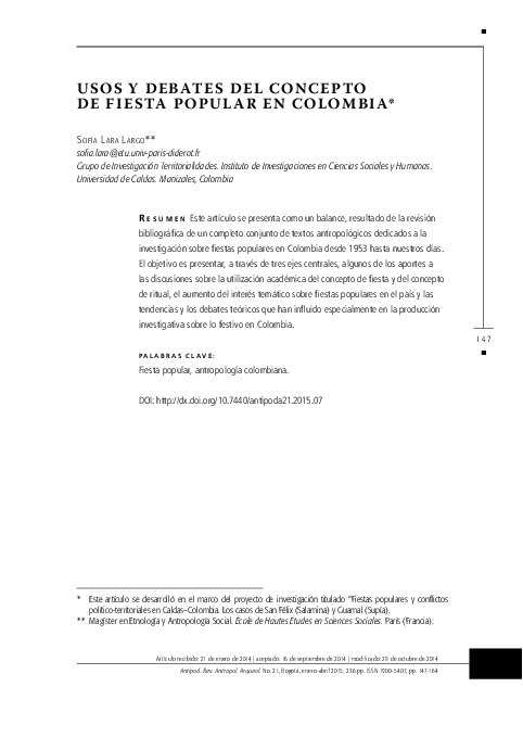 (PDF) Usos y debates del concepto de fiesta popular en Colombia