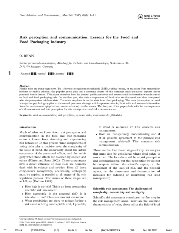 (PDF) Risk perception and communication: Lessons for the Food and Food Packaging Industry