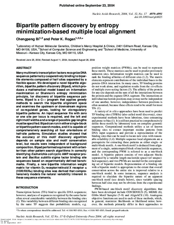 Pdf Bipartite Pattern Discovery By Entropy Minimization Based Multiple Local Alignment