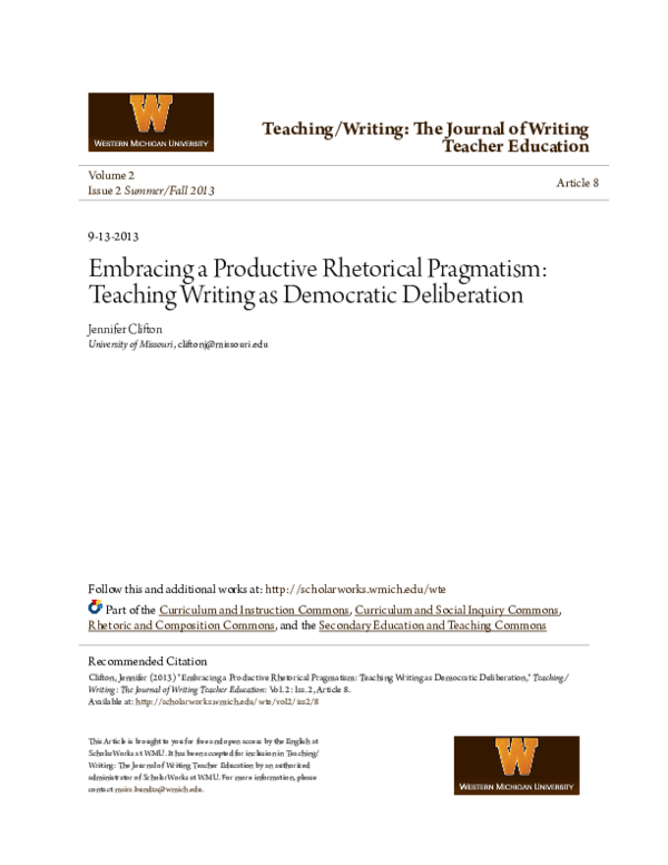 (PDF) Embracing a Productive Rhetorical Pragmatism: Teaching Writing as ...