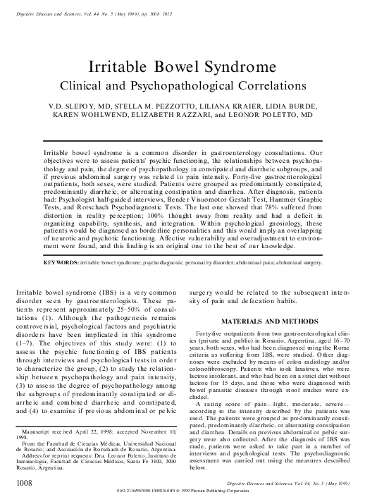 (PDF) Irritable bowel syndrome: clinical and psychopathological correlations