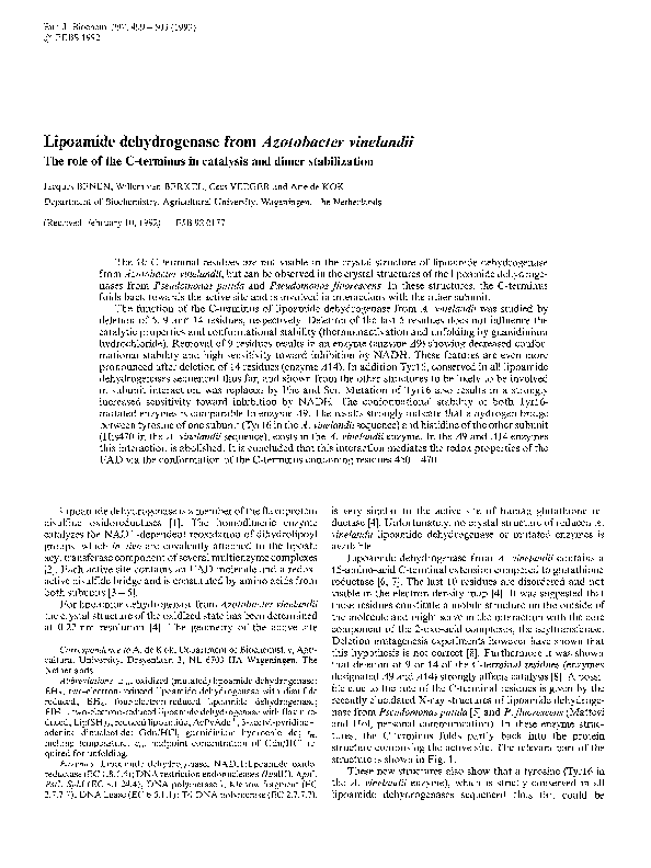 (PDF) Lipoamide dehydrogenase from Azotobacter vinelandii: site ...