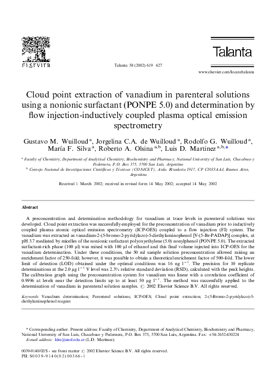 (PDF) Cloud point extraction of vanadium in parenteral solutions using a nonionic surfactant ...