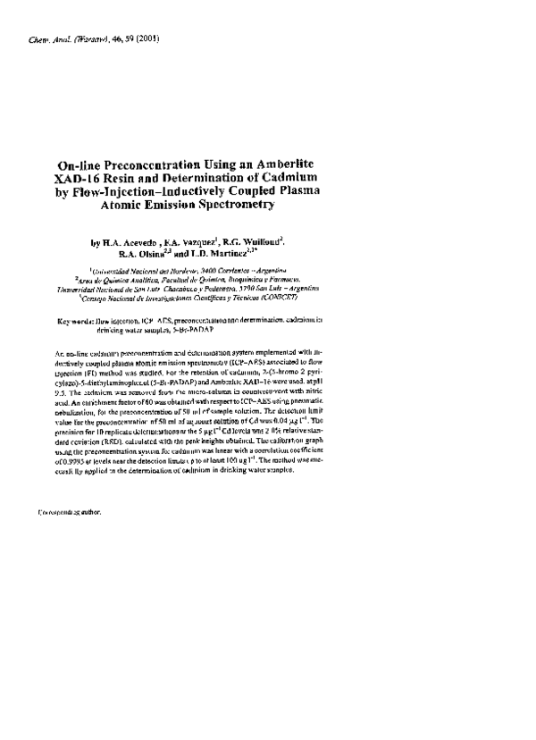 Pdf On Line Preconcentration Using An Amberlite Xad 16 Resin And Determination Of Cadmium By