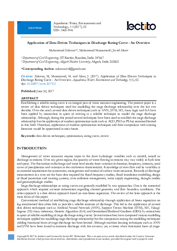 Pdf Application Of Data Driven Techniques In Discharge Rating Curve An Overview In Aquademia