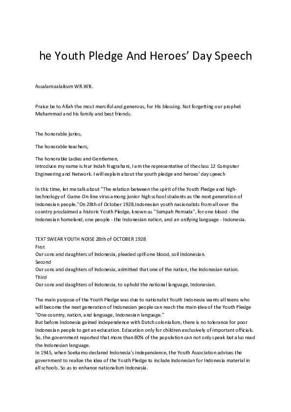 (DOC) he Youth Pledge And Heroes' Day Speech