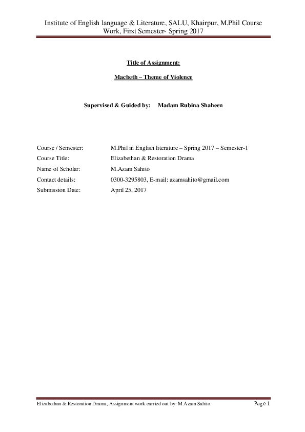 (PDF) Title of Assignment: Macbeth – Theme of Violence