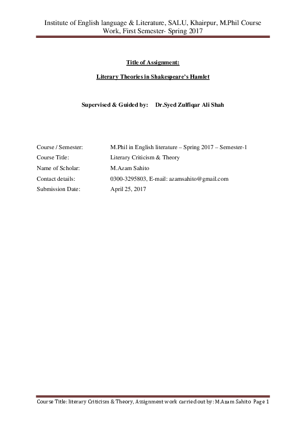 (PDF) Title of Assignment: Literary Theories in Shakespeare's Hamlet