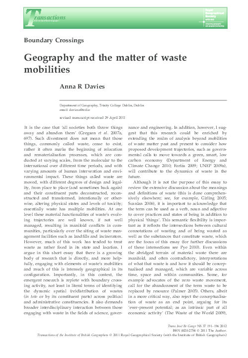 (PDF) Geography and the matter of waste mobilities
