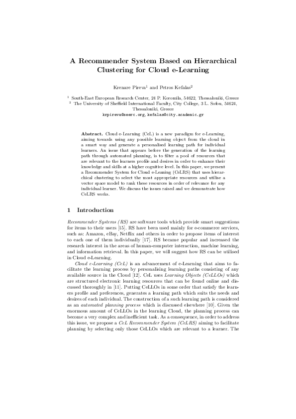 (PDF) A Recommender System Based on Hierarchical Clustering for Cloud e-Learning