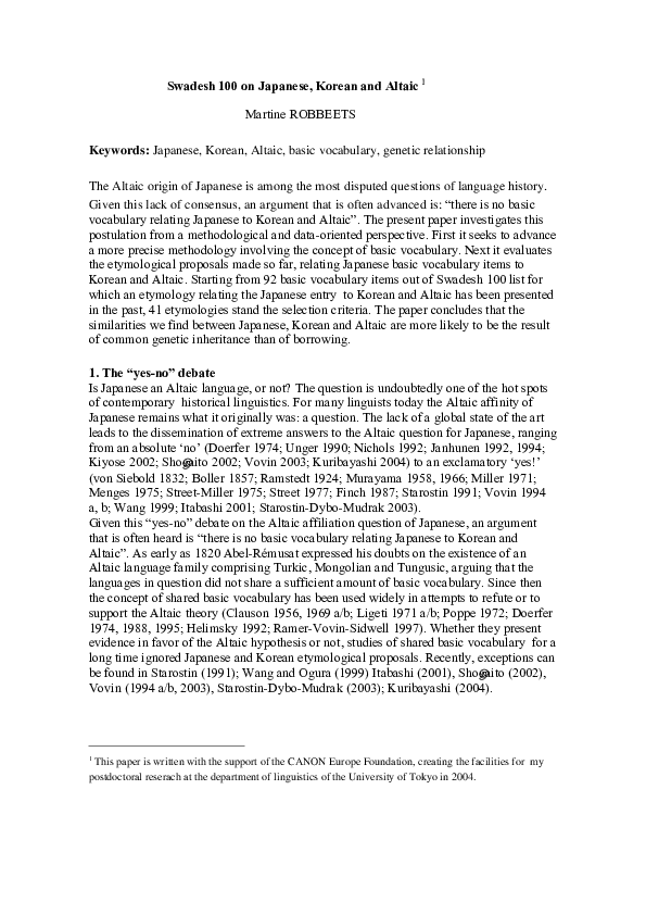 (PDF) (2004a). Swadesh 100 on Japanese, Korean and Altaic. Tokyo ...