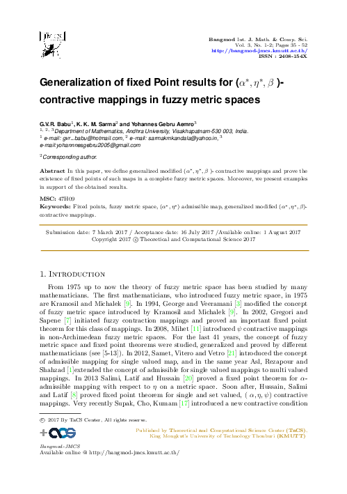 (PDF) Generalization of fixed Point results for (α * , η * , β )- contractive mappings in fuzzy ...