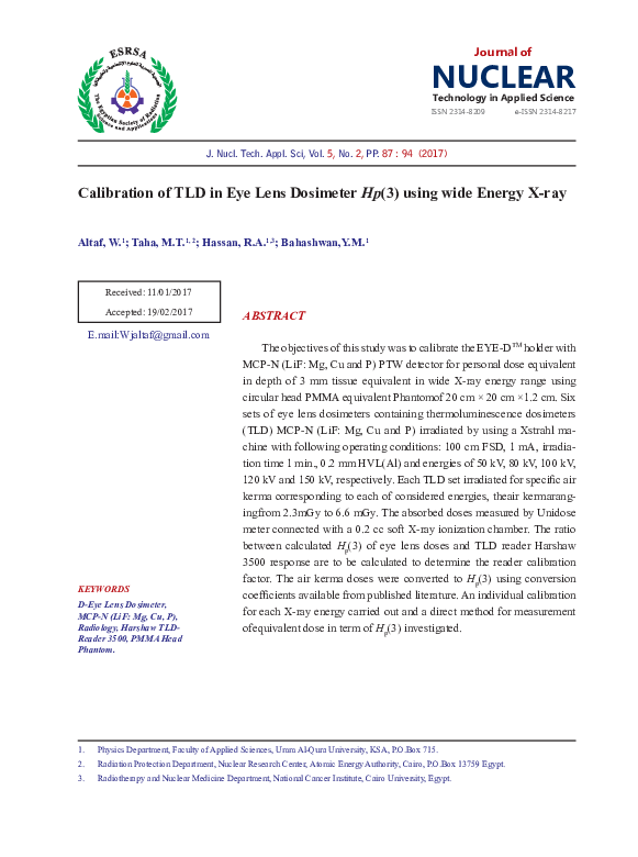(PDF) Calibration of TLD in Eye Lens Dosimeter Hp(3) using wide Energy ...