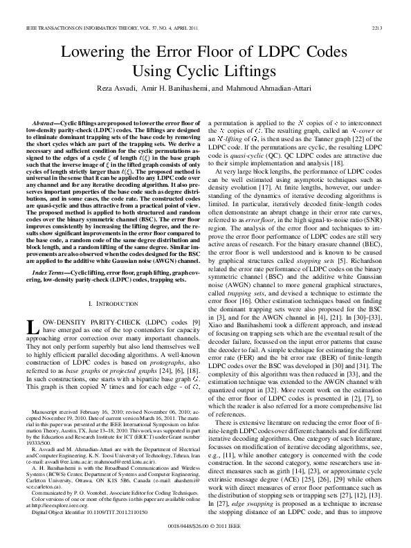 Pdf Lowering The Error Floor Of Ldpc Codes Using Cyclic Liftings Reza Asvadi