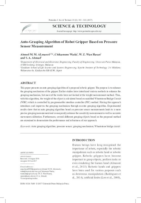 Pdf Auto Grasping Algorithm Of Robot Gripper Based On Pressure Sensor