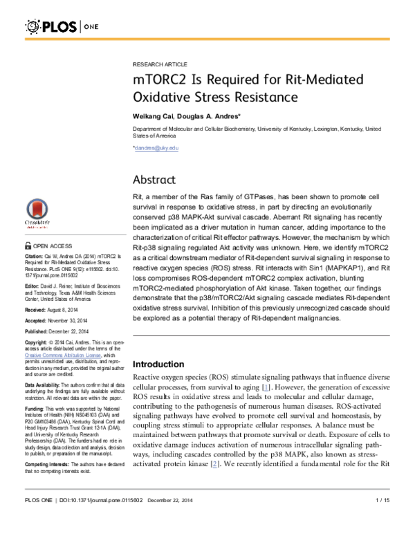 (PDF) mTORC2 Is Required for Rit-Mediated Oxidative Stress Resistance
