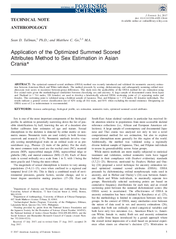Pdf Application Of The Optimized Summed Scored Attributes Method To Sex Estimation In Asian Crania