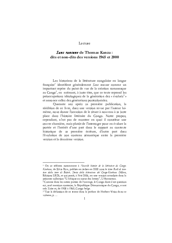 (PDF) Lecture de "Sans rancune", roman de Tomas Kanza, comparaison des ...