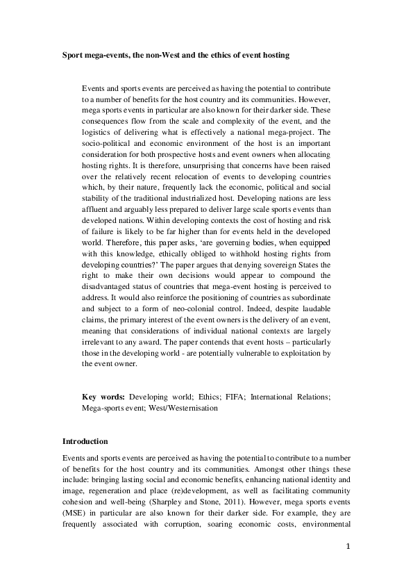 (DOC) Sport mega-events, the non-West and the ethics of event hosting