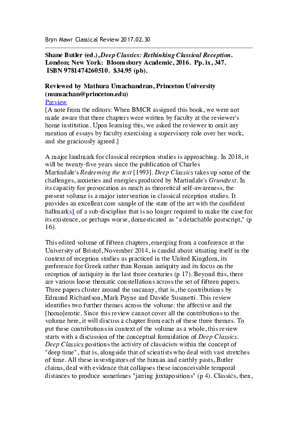 (PDF) Review of 'Deep Classics: Rethinking Classical Reception'. Shane ...