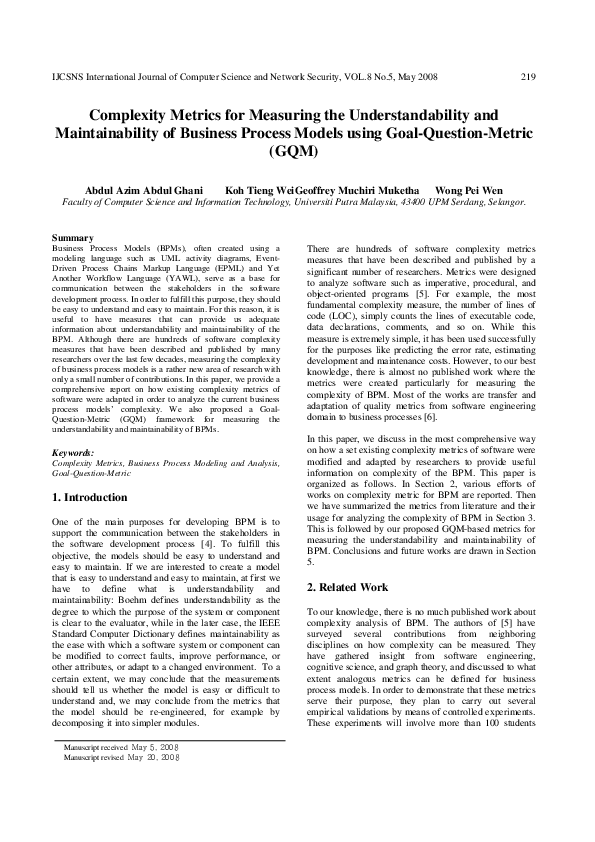 (PDF) Complexity Metrics for Measuring the Understandability and Maintainability of Business ...